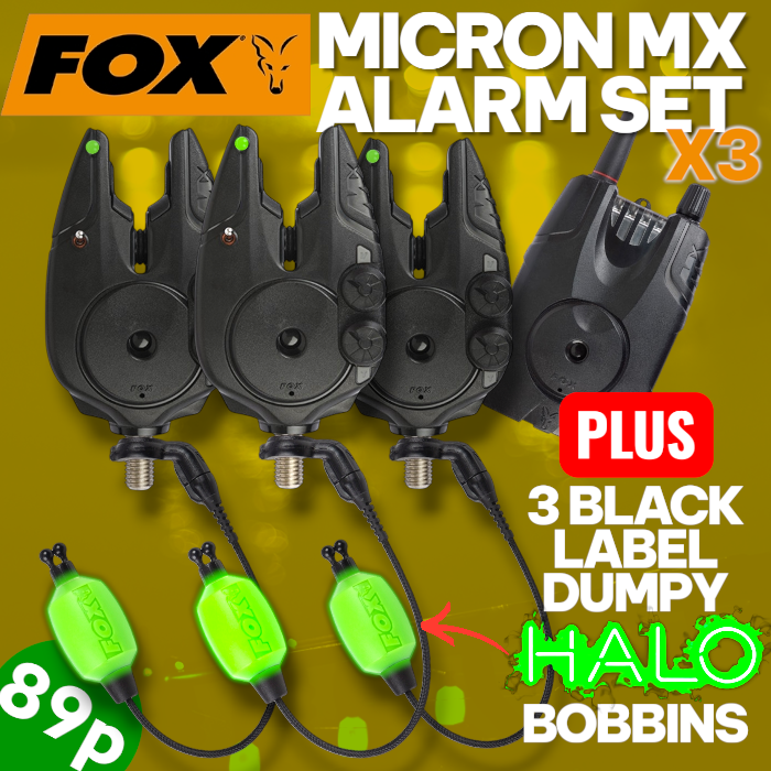 Fox Micron MX Alarm Set 3-Rod PLUS 3 Fox Black Label Dumpy Halo Bobbins ...